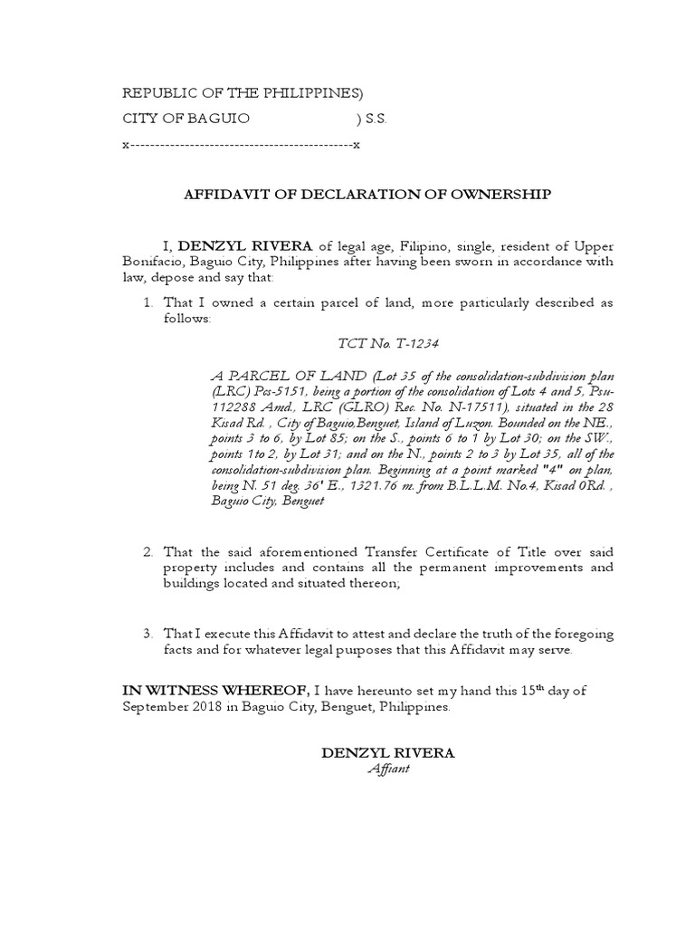 Affidavit of Land Ownership in Baguio | PDF | Affidavit | Legal Documents