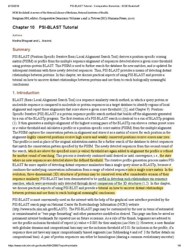 PSI-BLAST Tutorial - Comparative Genomics-For Term Paper | PDF | Sequence Alignment | National ...