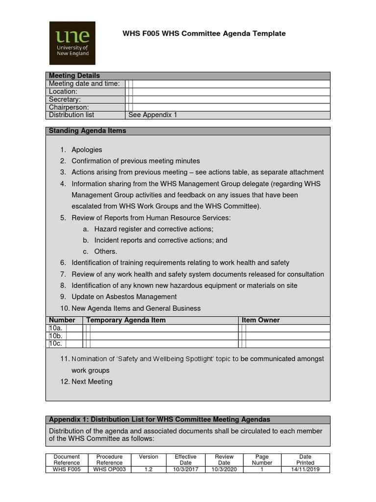 Whs f005 Whs Committee Agenda Template | Business | Wellness