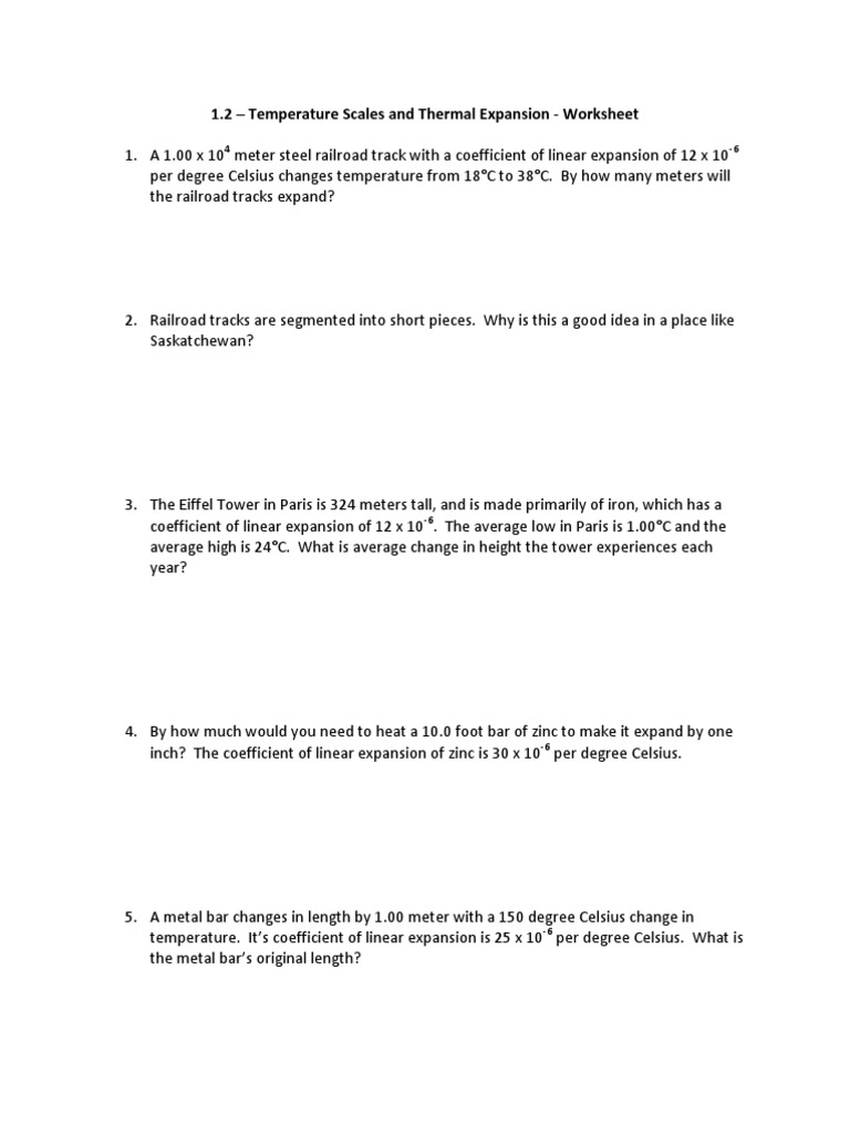 Physics 20 - 1.2 - Temperature Scales and Thermal Expansion - Worksheet ...