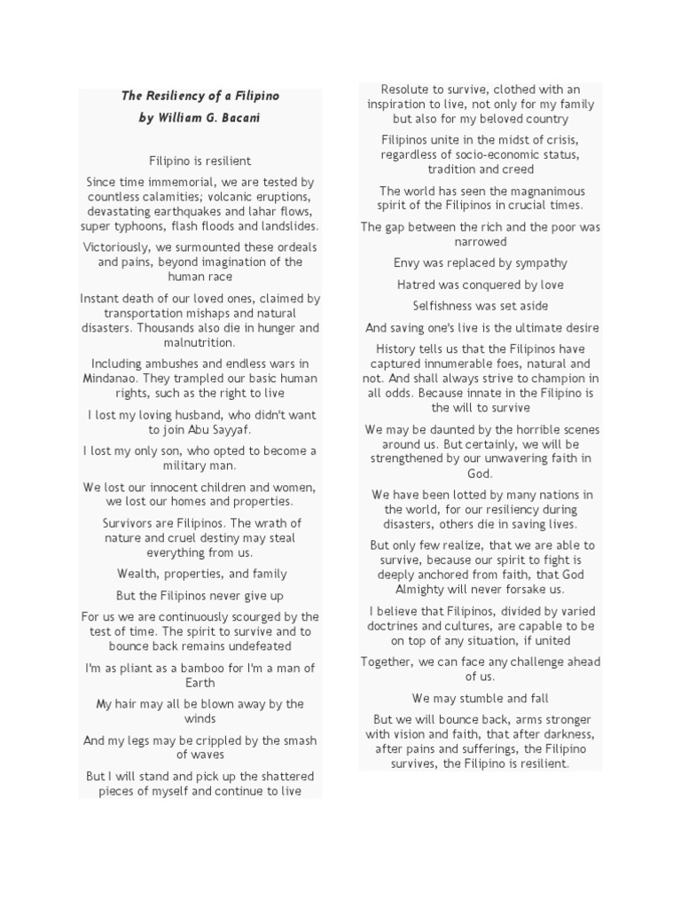 The Resiliency of A Filipino by William G. Bacani: The World Has Seen ...