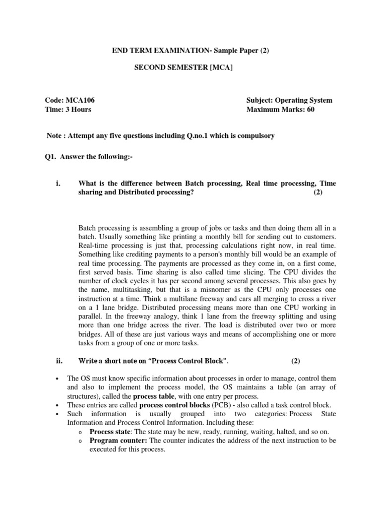 Operating System - Sample Paper | PDF | Thread (Computing) | Operating ...