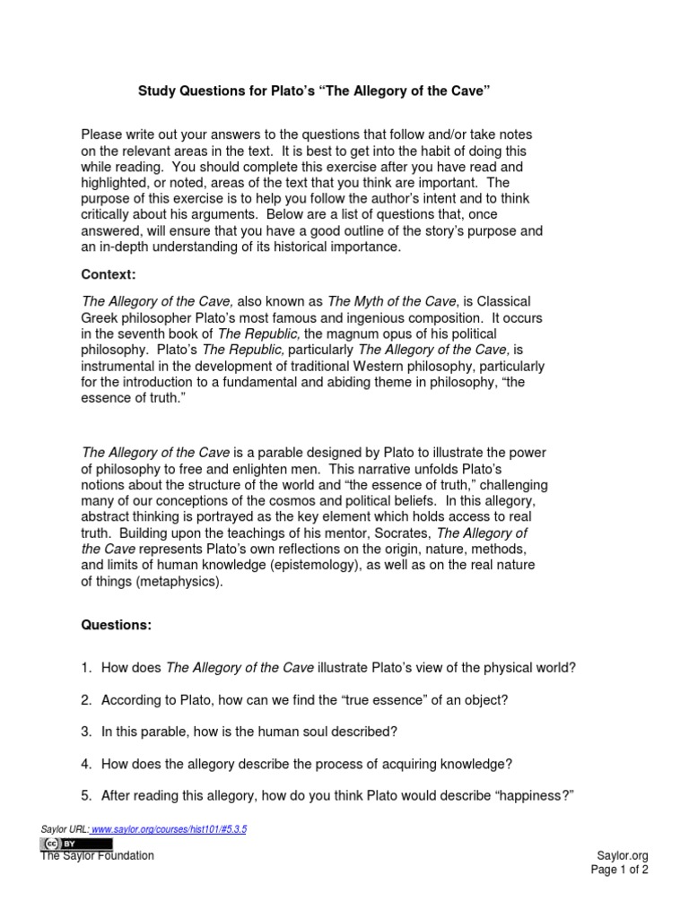 Study Questions For Plato's "The Allegory of The Cave": Context | PDF ...