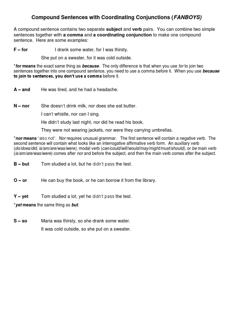 Compound Sentences With Coordinating Conjunctions (FANBOYS) : F - For ...