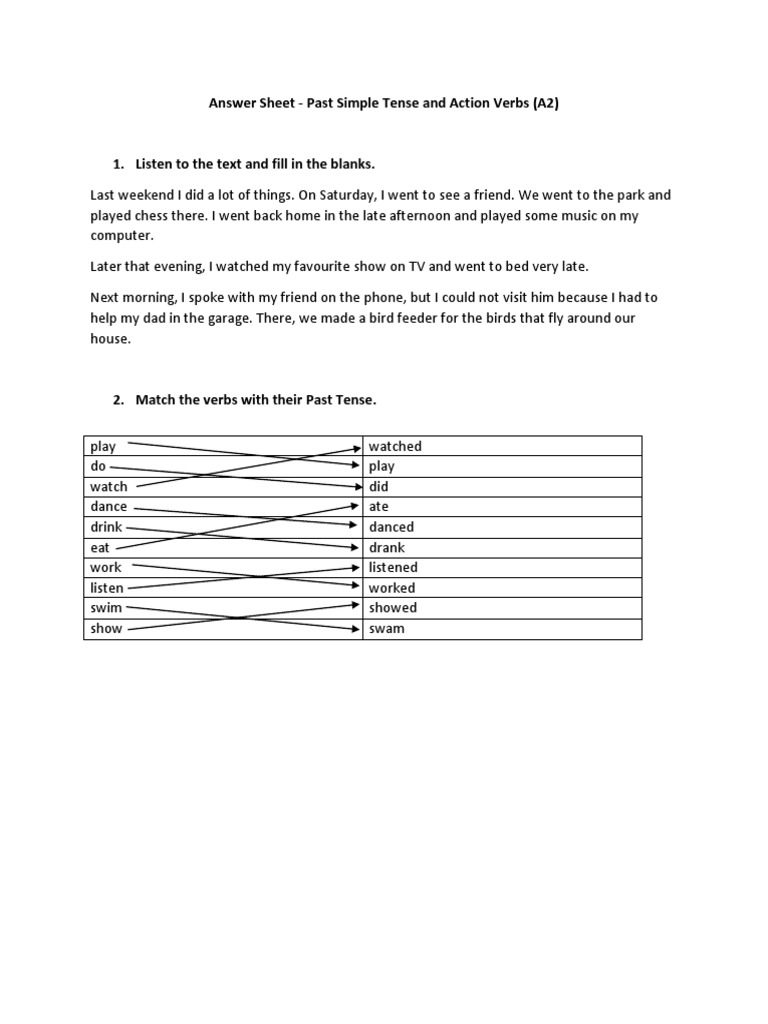 Answer Sheet - Past Simple Tense and Action Verbs Lesson Plan (A2) Free ...