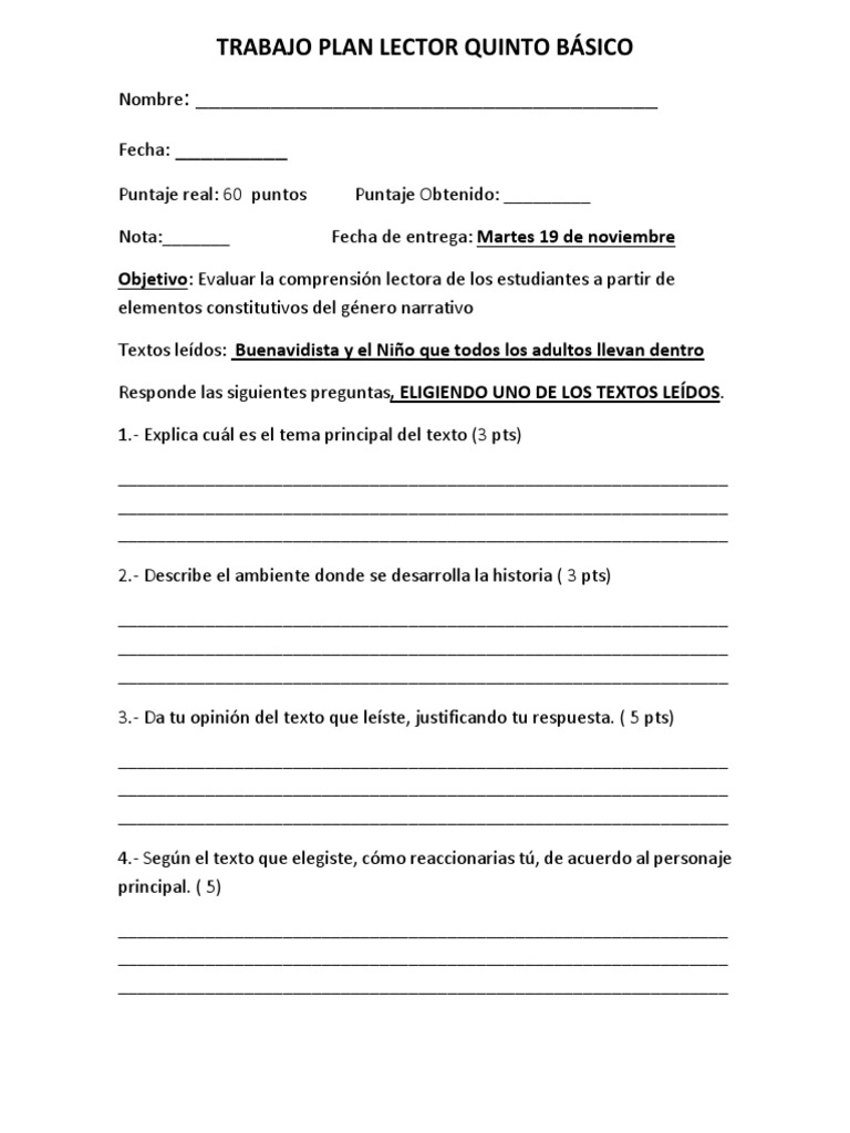 Prueba Plan Lector Quinto Básico | PDF