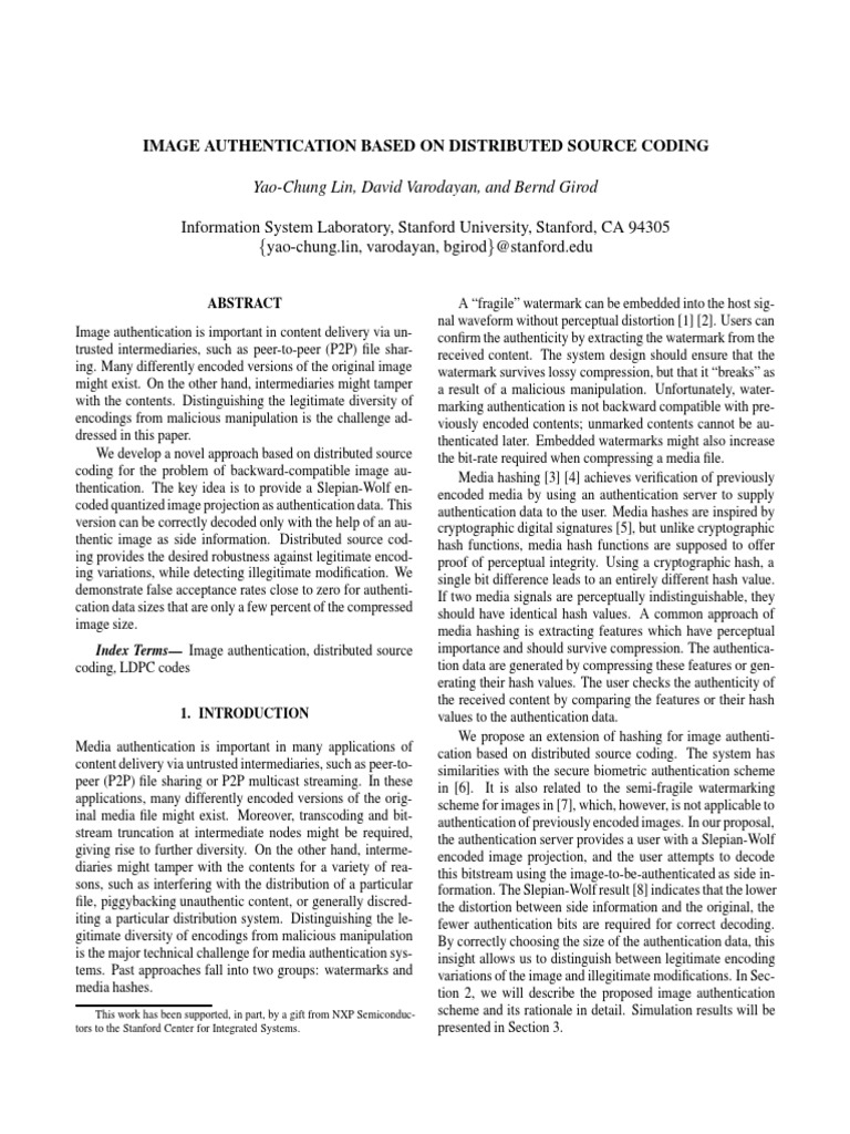 Image Authentication Through Distributed Source Coding A Novel Approach For Backward Compatible