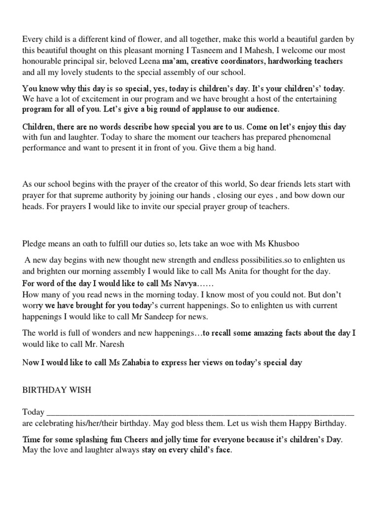 Anchoring Script For Childrens Day 2019 | PDF