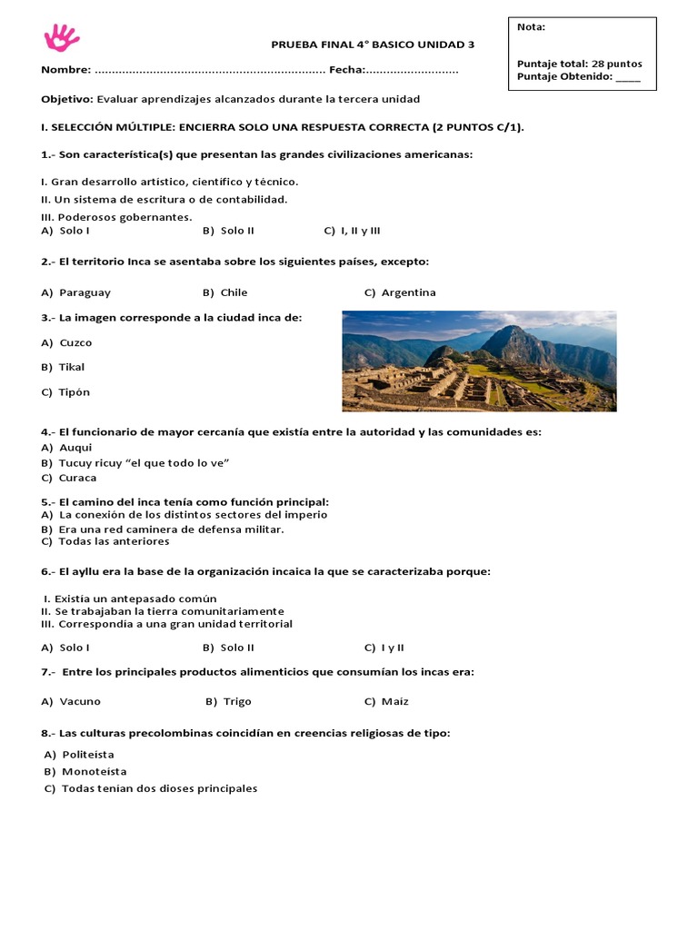 Prueba Final 4° Básico Unidad 3 Inca | PDF | Imperio Inca