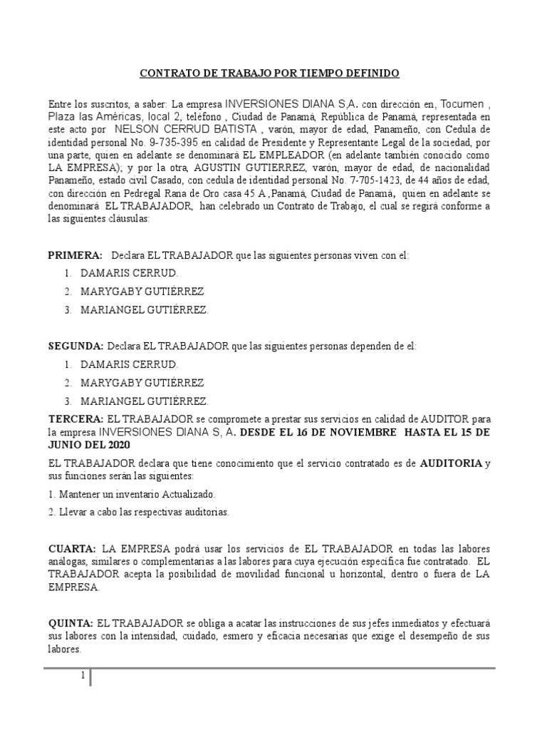 Contrato de Trabajo DEFINIDO en Panama | PDF | Salario | Panamá