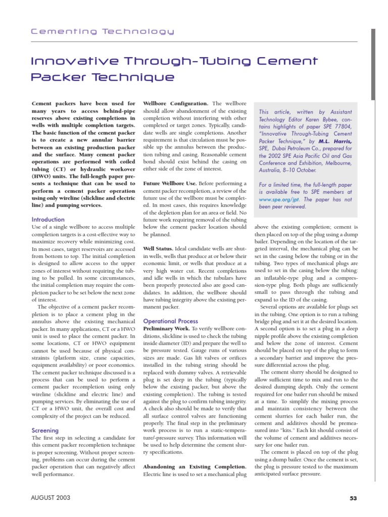 Innovative Through-Tubing Cement Packer PDF | PDF | Casing (Borehole ...
