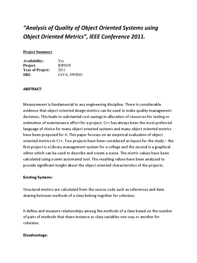 "Analysis of Quality of Object Oriented Systems Using Object Oriented Metrics", IEEE Conference ...