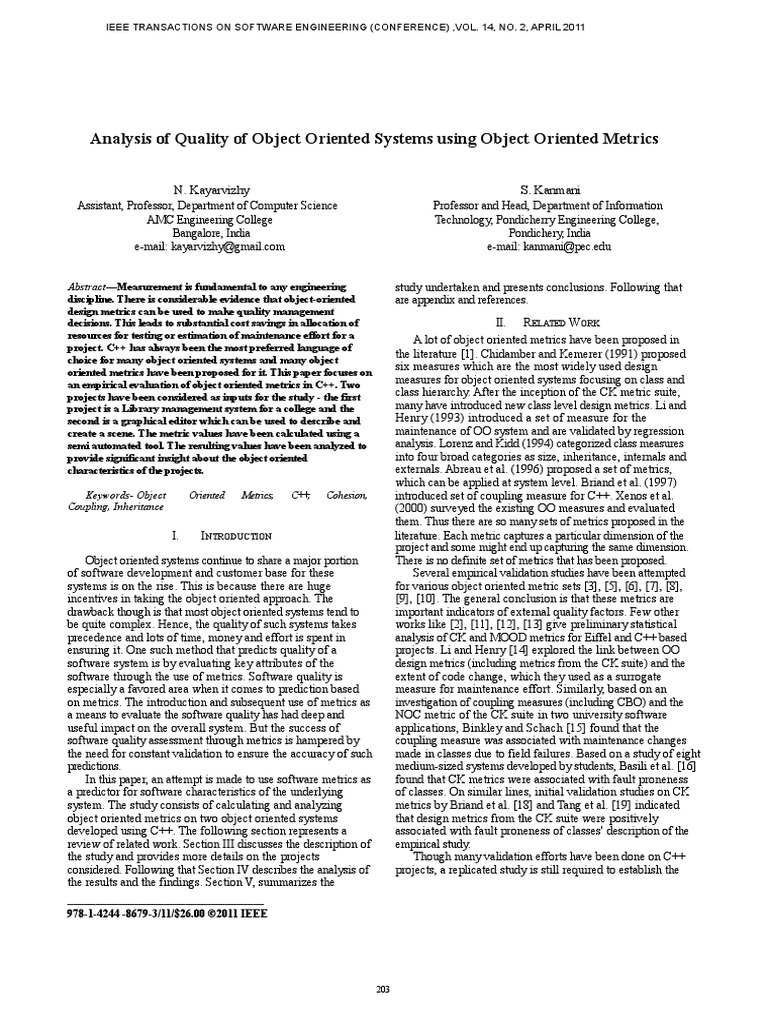 Analysis of Quality of Object Oriented Systems Using Object Oriented Metrics | PDF | Class ...