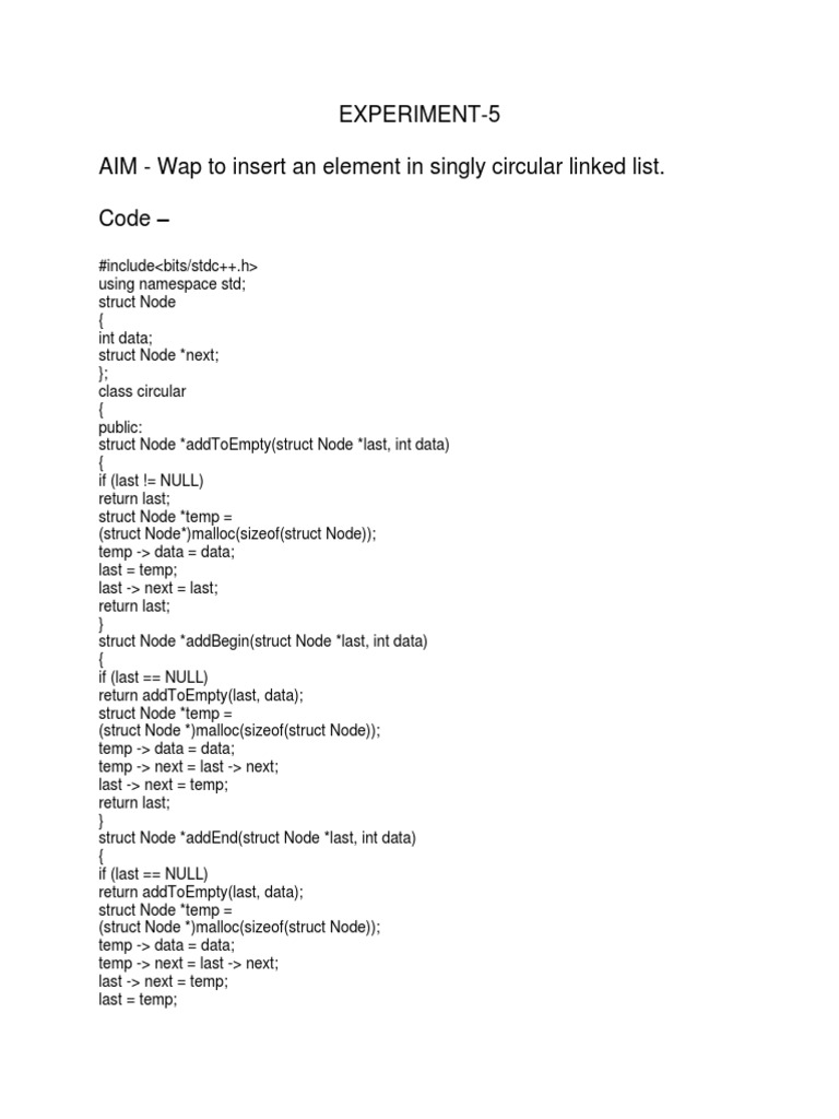 Experiment-5 AIM - Wap To Insert An Element in Singly Circular Linked ...