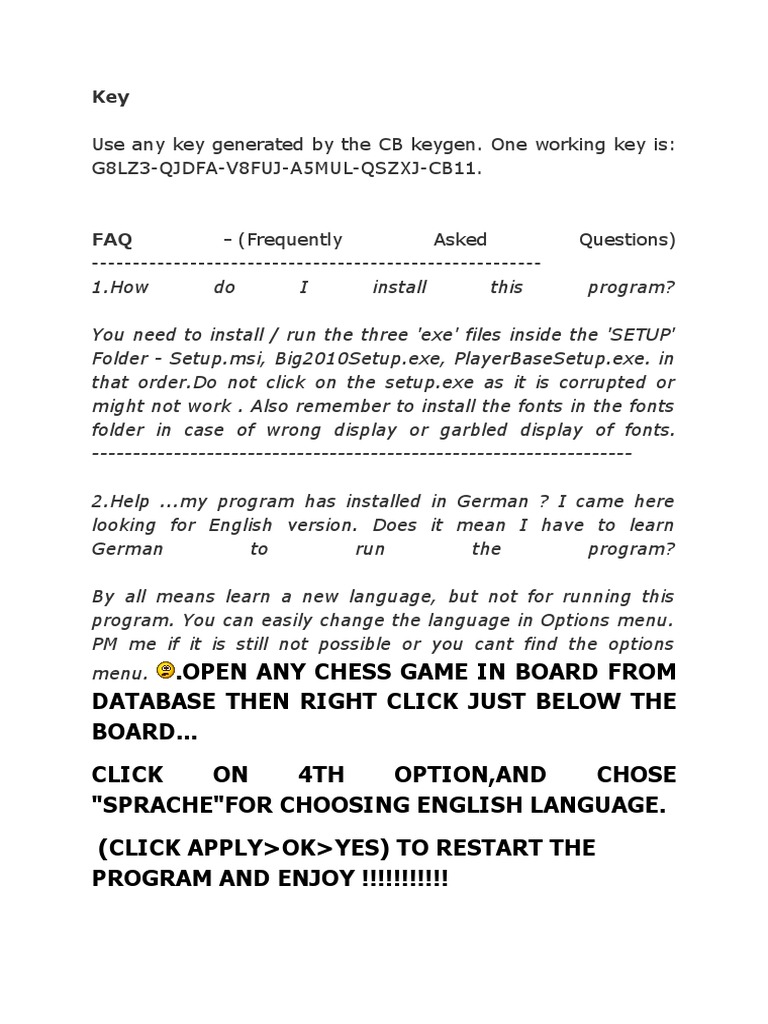 Use Any Key Generated by The CB Keygen. One Working Key Is: G8LZ3-QJDFA ...