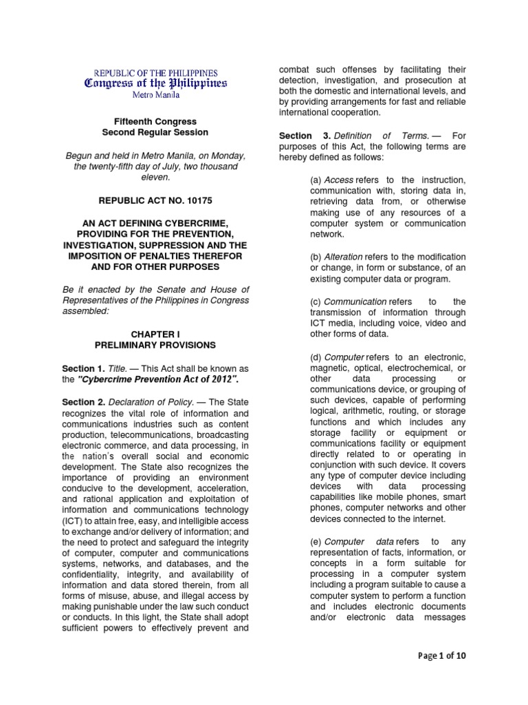 Ra 10175-Cyber Crime Prevention Act of 2012 | PDF | Telecommunication ...