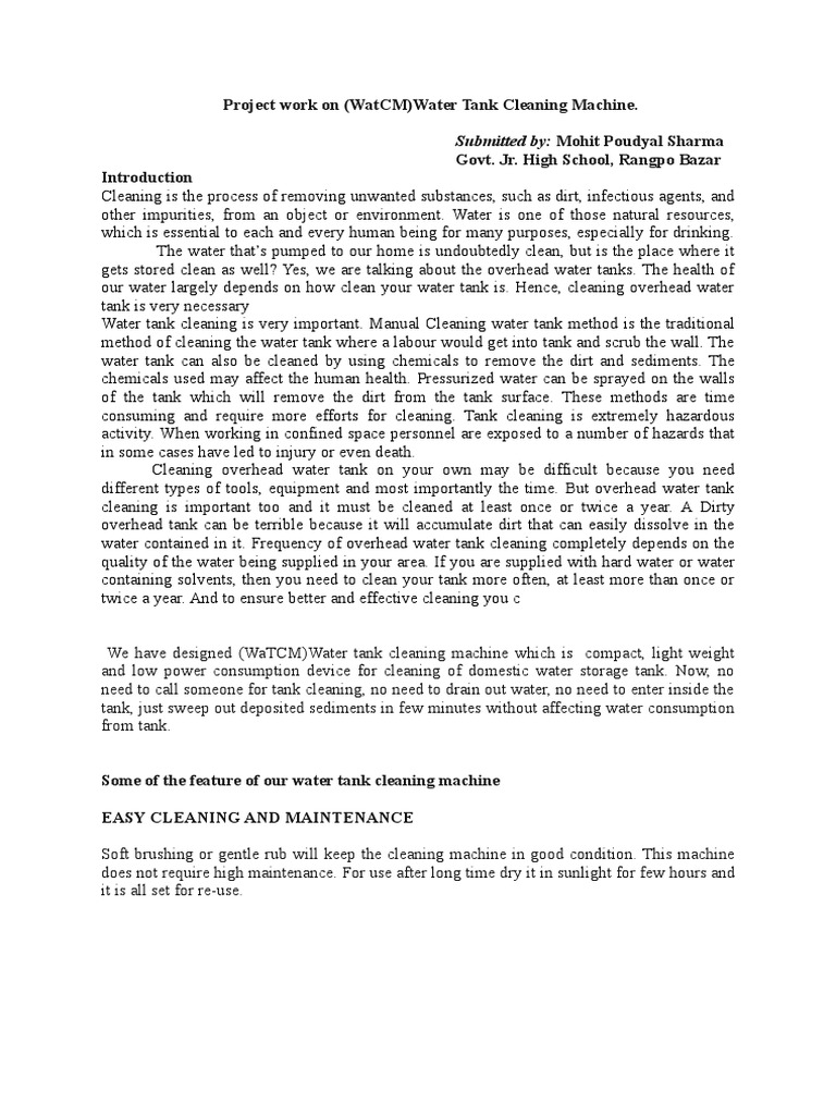 Project Work On Water Tank Cleaning Machine | PDF | Tanks | Soil