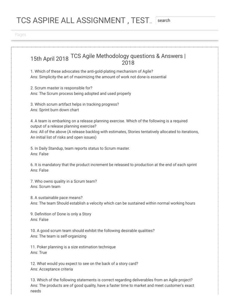 Tcs Aspire All Assignment, Tests, Quizzes - 2018 - 2019 - Tcs Agile ... Tcs Aspire All Assignment, Tests, Quizzes - 2018 - 2019 - Tcs Agile ...