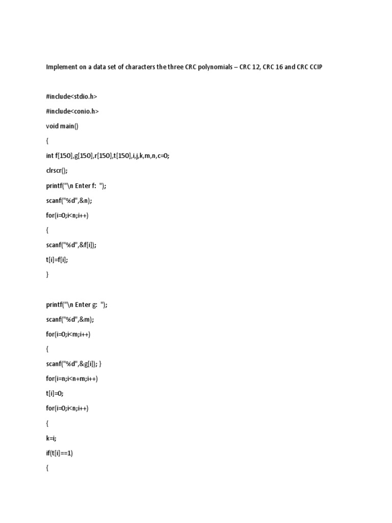 Implement On A Data Set of Characters The Three CRC Polynomials | PDF | Algorithms And Data ...