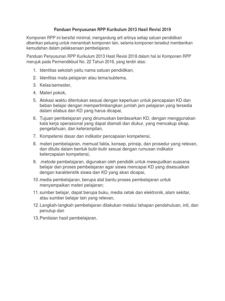 Panduan Penyusunan RPP Kurikulum 2013 Hasil Revisi 2019 | PDF