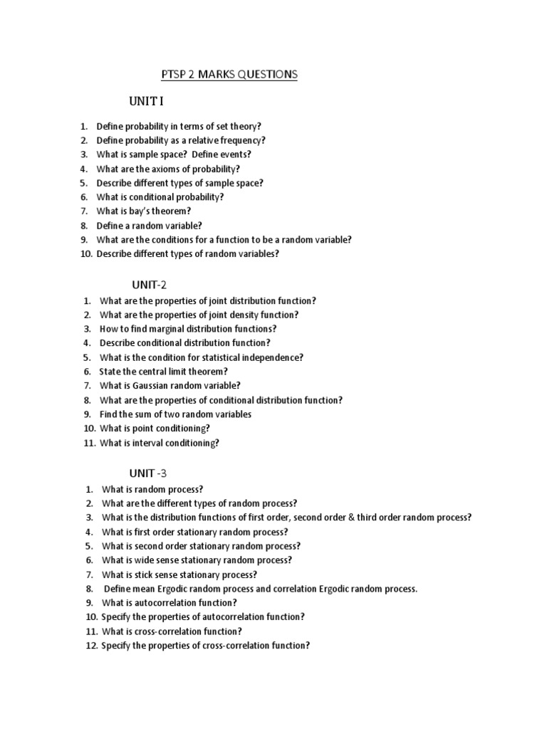 PTSP 2 Marks Questions Unit I | PDF | Spectral Density | Stochastic Process