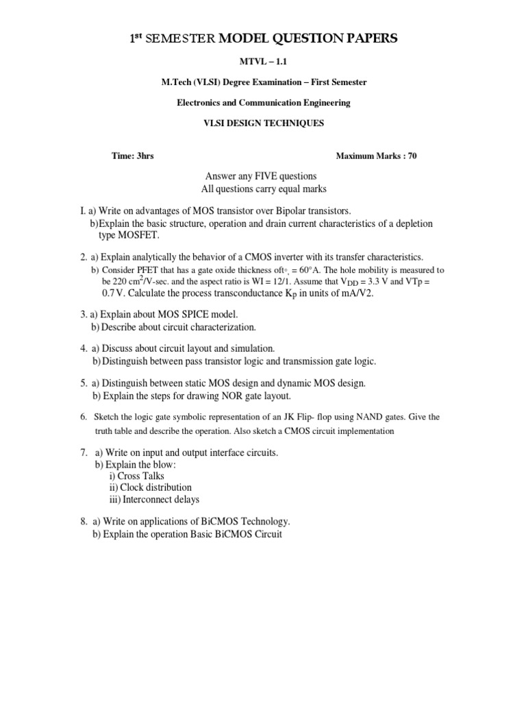 1 Semester Model Question Papers | PDF | Mosfet | Logic Gate