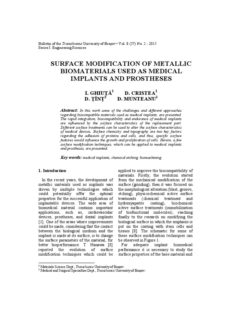 Surface Modification of Medical Implants | PDF | Biomaterial | Surface ...