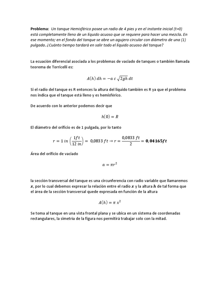 Problema Tanque Hemisferico | PDF | Integral | Ecuaciones