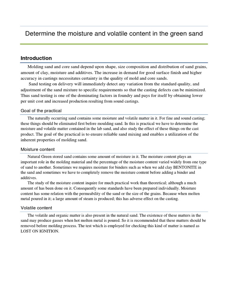 Determine The Moisture and Volatile Content in The Green Sand | PDF ...