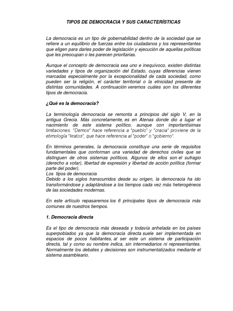 Tipos de Democracia y Sus Características | PDF | Democracia liberal ...