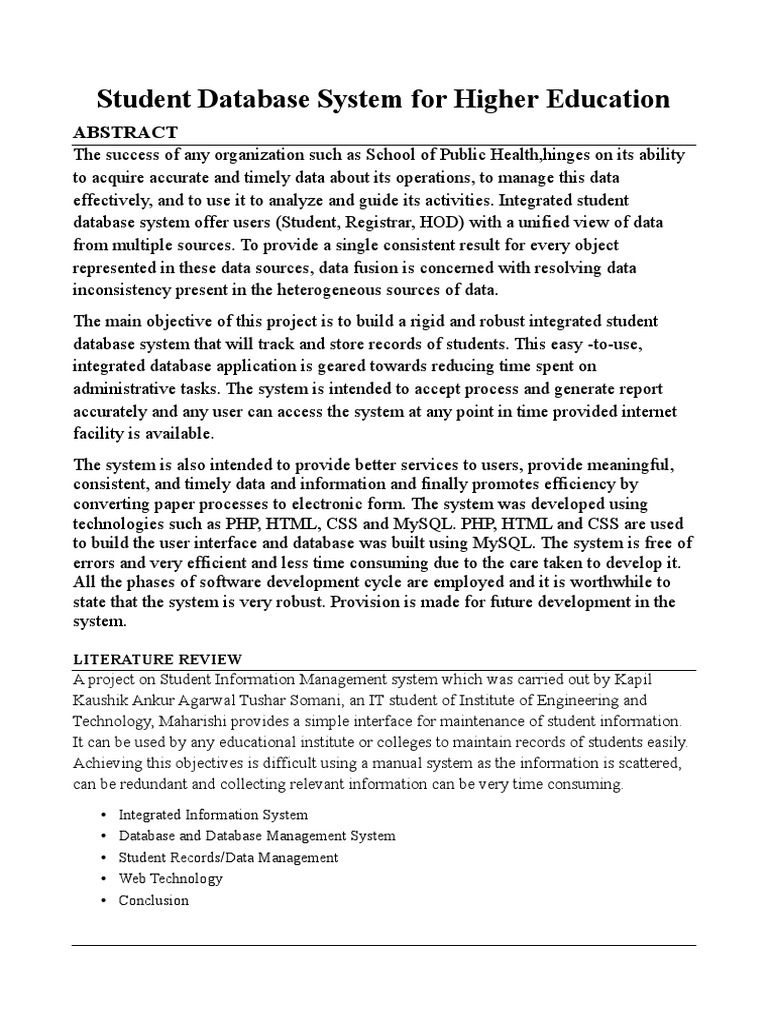 Student Database System For Higher Education: Literature Review | Download Free PDF | Databases ...