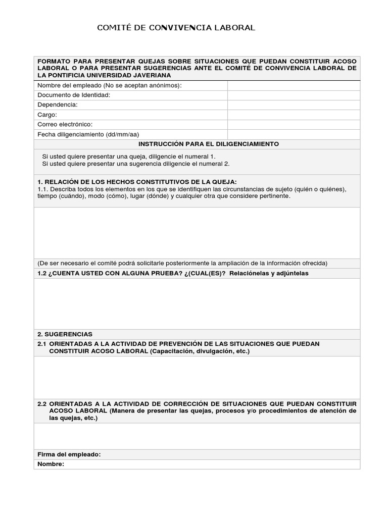 Formato Quejas Comite de Convivencia Laboral | PDF | Derecho