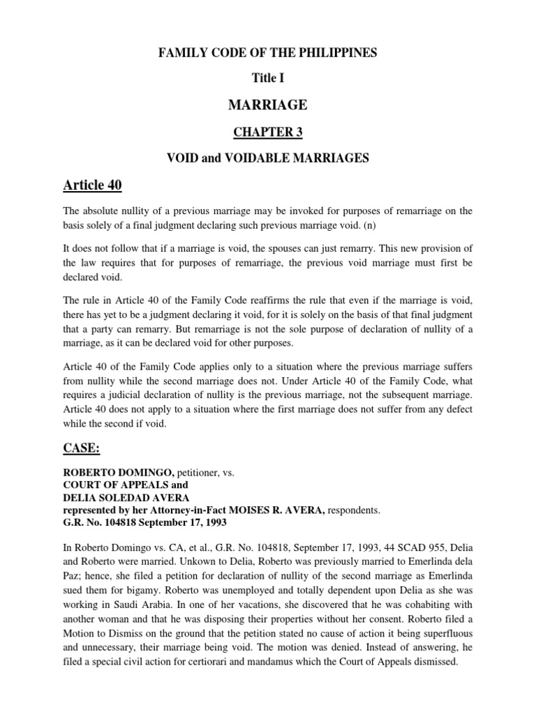 Report Art 40 Void and Voidable Marriages | PDF | Marriage | Annulment