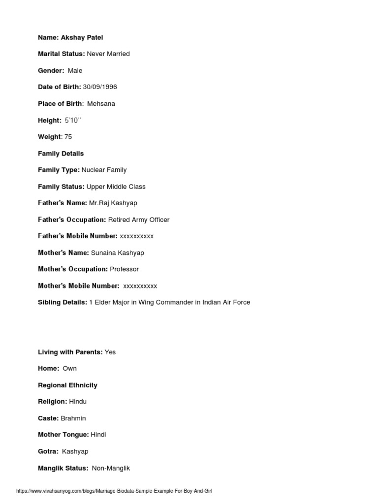 Marriage Biodata Sample Example For Boy and Girl | PDF | Marriage | Family