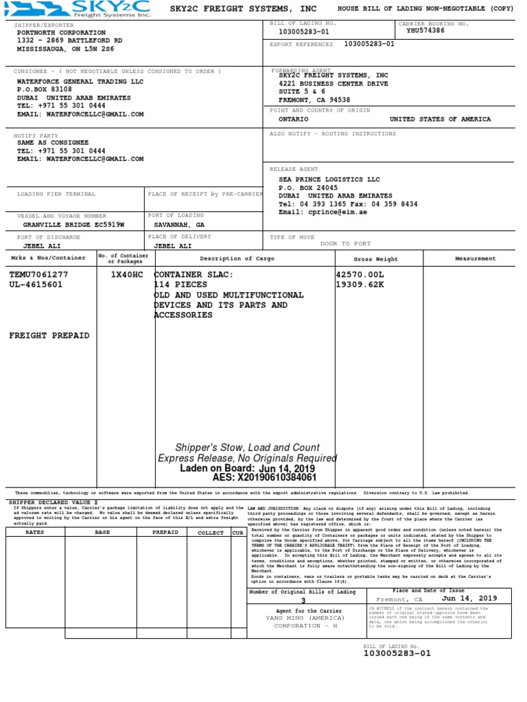 Shipper's Stow, Load and Count Express Release, No Originals Required ...