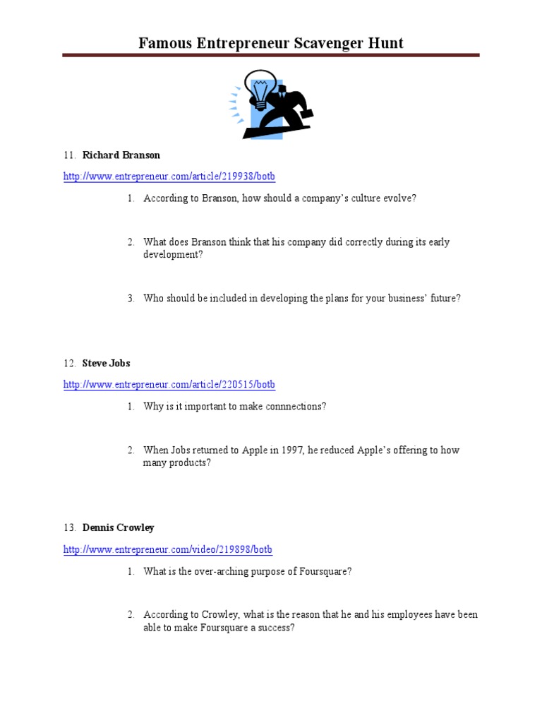 Entrepreneur Scavenger Hunt | PDF | Entrepreneurship | Business