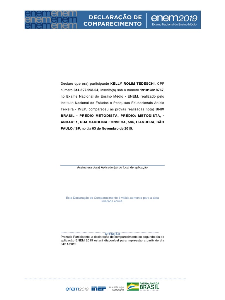 Declaração de Comparecimento Enem 2019 | PDF Declaração de Comparecimento Enem 2019 | PDF