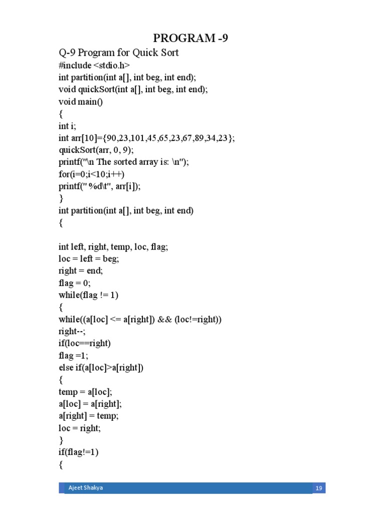 Program - 9: Q-9 Program For Quick Sort | PDF | Time Complexity | Computational Complexity Theory
