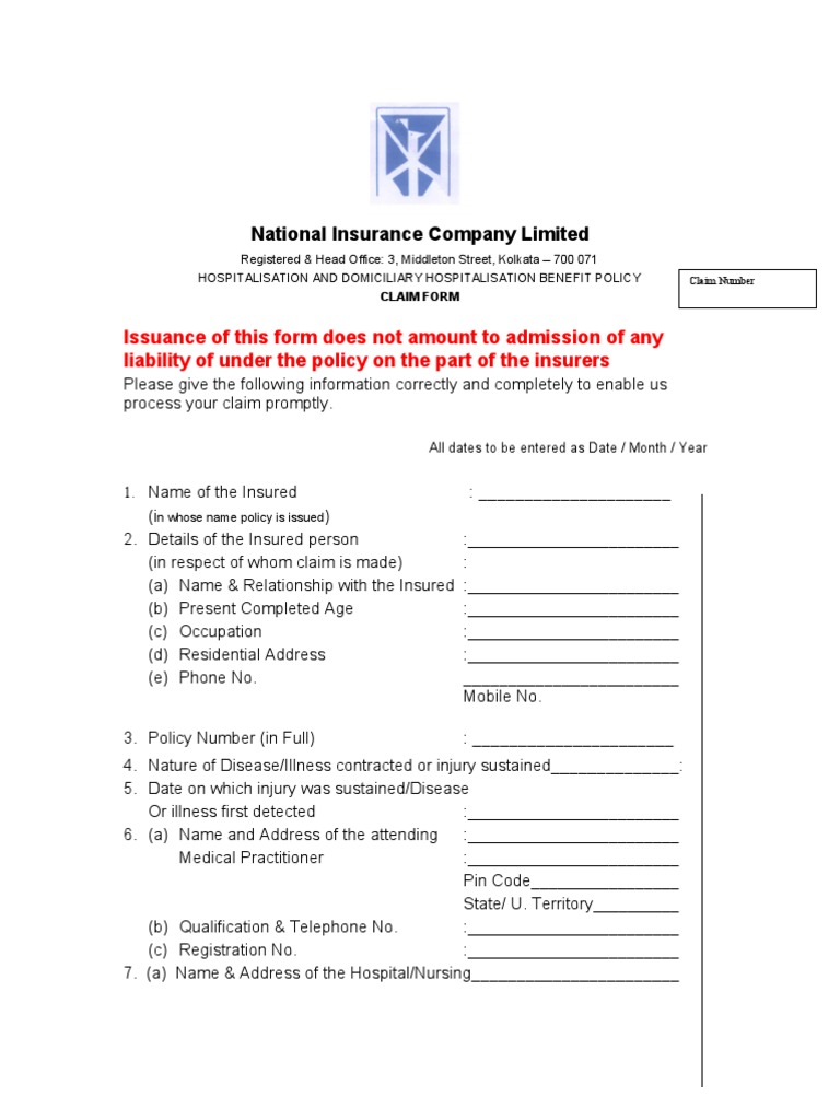 National Inurance Company Limited - Claim Form | PDF | Physician ...