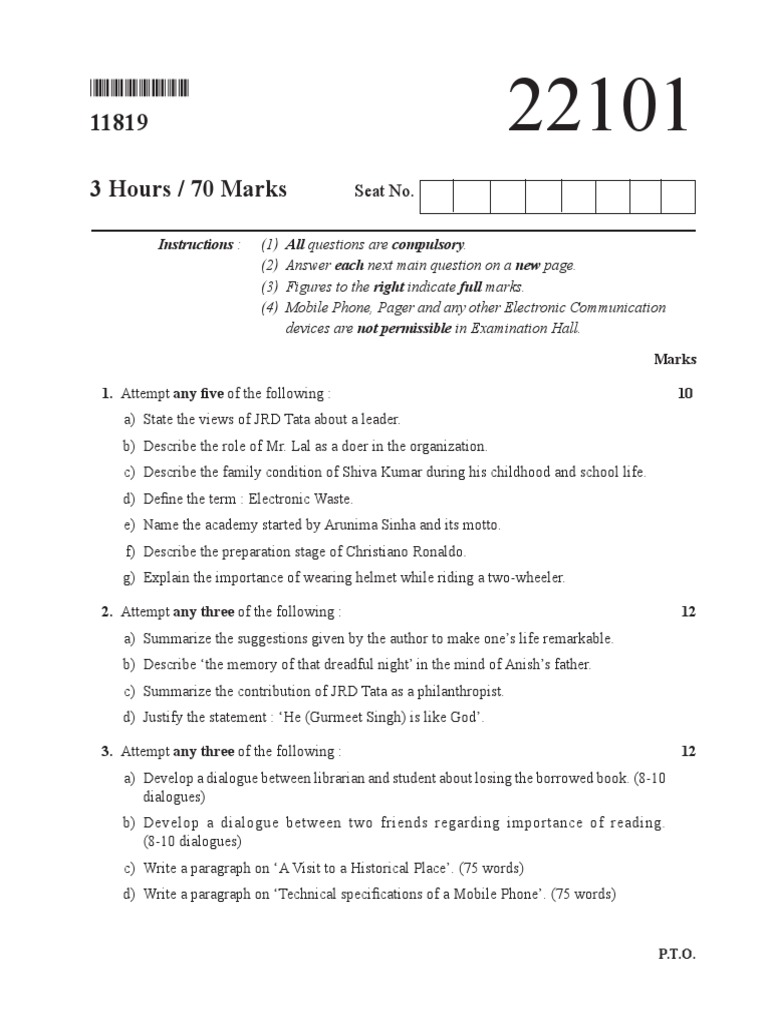 Instructions: (1) All Questions Are Compulsory.: Marks 1. Attempt Any Five of The Following: 10 ...