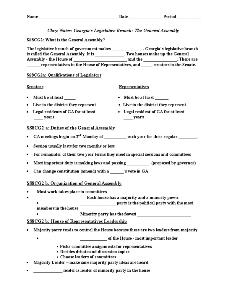 Cloze Notes: Georgia's Legislative Branch: The General Assembly | PDF ...