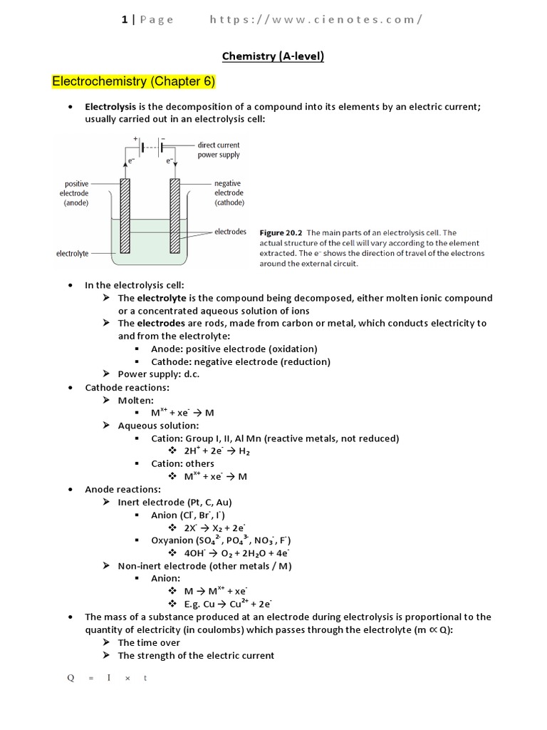 Electrochemistry (Chapter 6) : Electrolysis Is The Decomposition of A ...