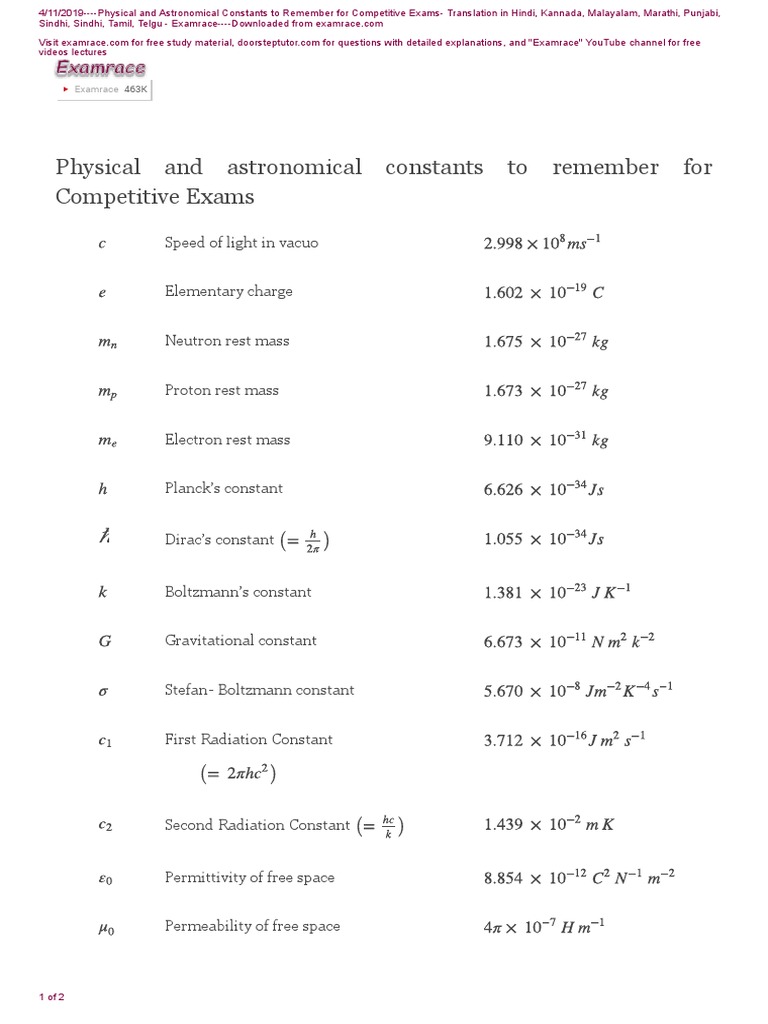 Physical and Astronomical Constants To Remember For Competitive Exams | PDF