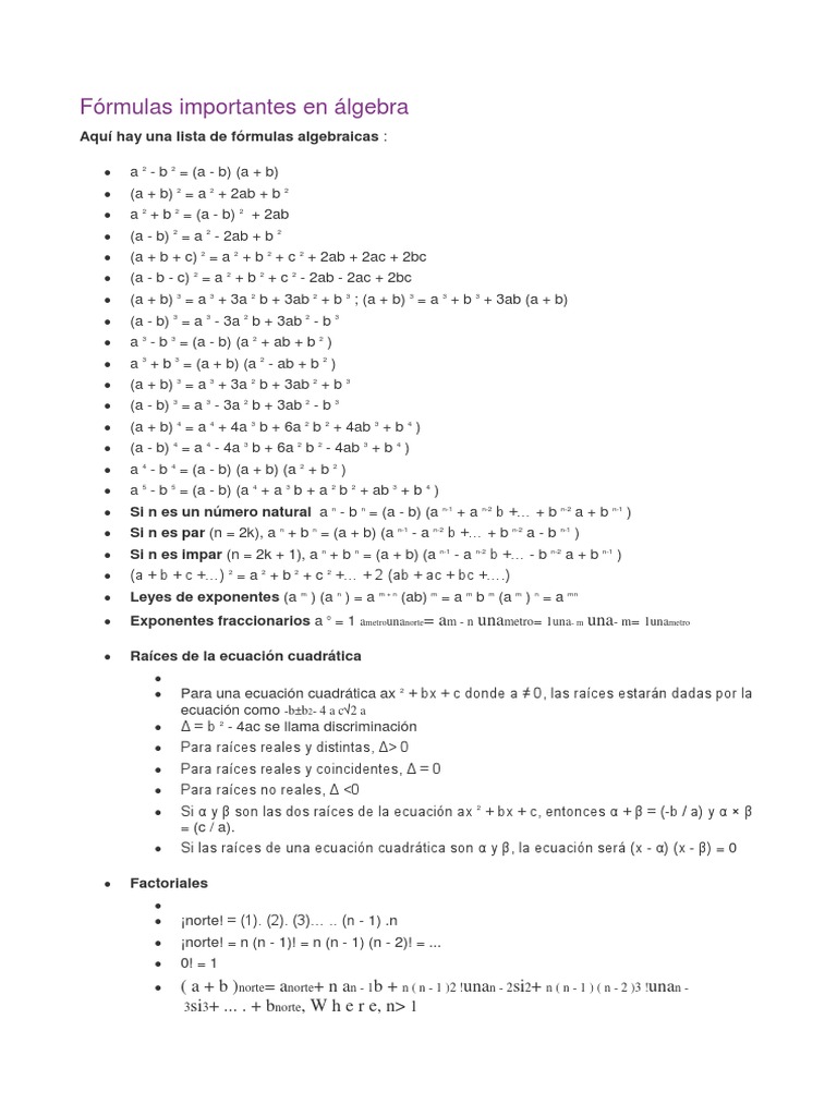 Fórmulas Importantes en Álgebra | PDF | Álgebra | Enseñanza de matemática