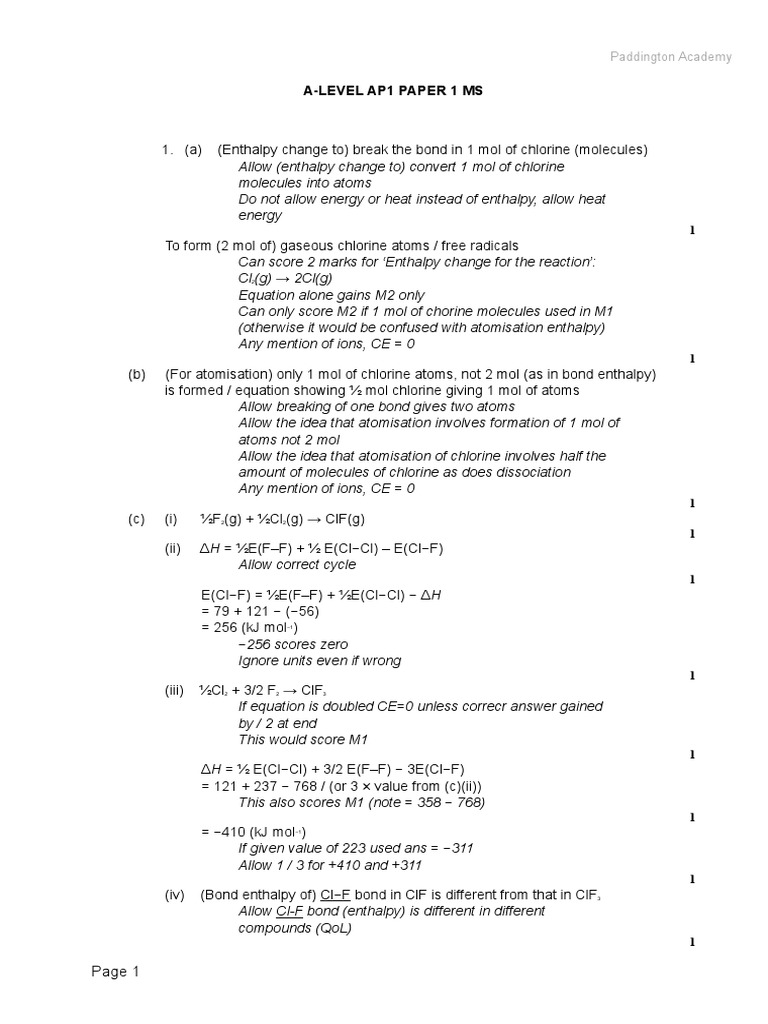 A-Level Ap1 Paper 1 Ms | PDF | Ion | Chlorine