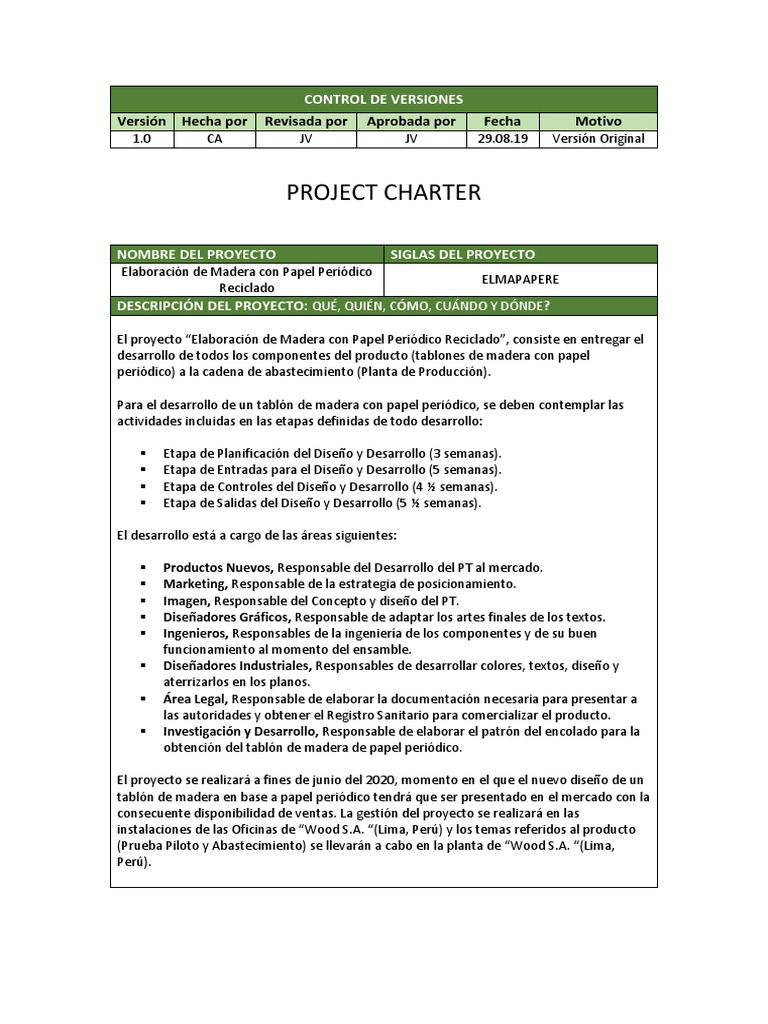 Ejemplo Project Charter Pdf Papel Presupuesto