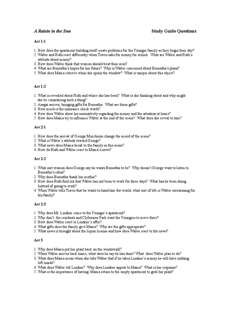 A Raisin in The Sun Study Guide Questions | PDF | Social Science