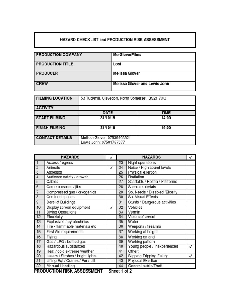Risk Assessment Sheets 24 10 19 | PDF | Hazards | Safety