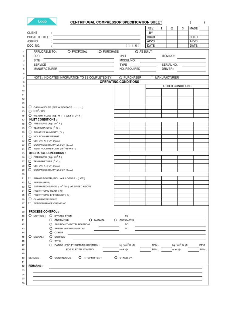 Centrifugal Compressor Specification Sheet: Operating Conditions | PDF ...