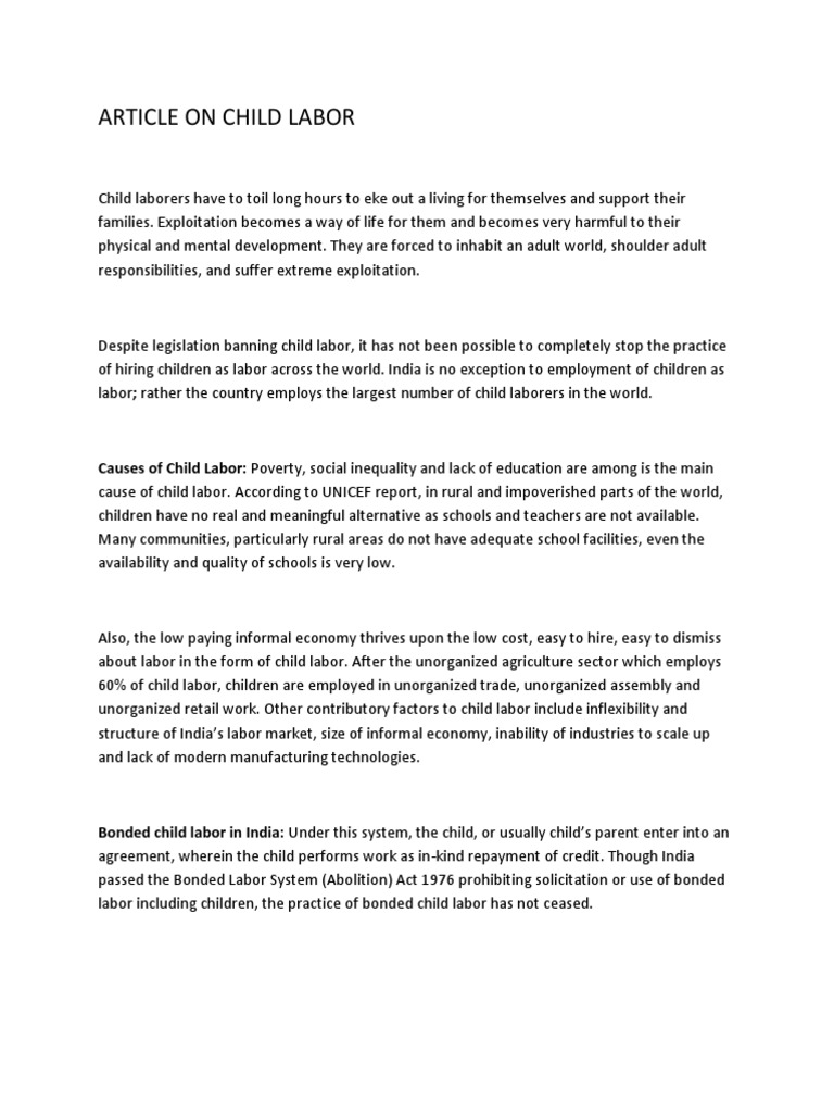 Article On Child Labor | PDF | Child Labour | Employment